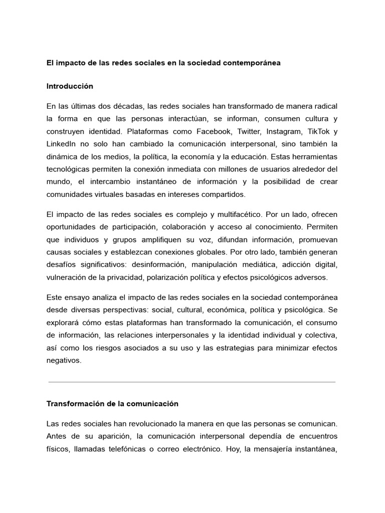 El Impacto de Las Redes Sociales en La Sociedad Contemporánea | PDF ...