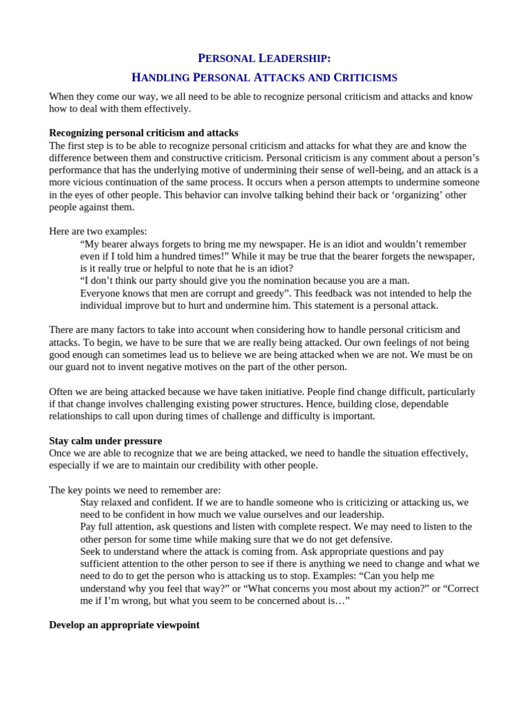 Handout 10 - Handling Personal Attacks and Criticism | PDF ...