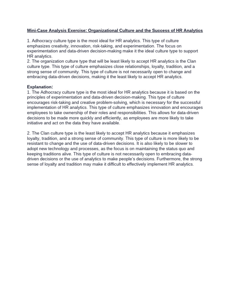 Mini-Case Analysis Exercise Organizational Culture and the Success of ...