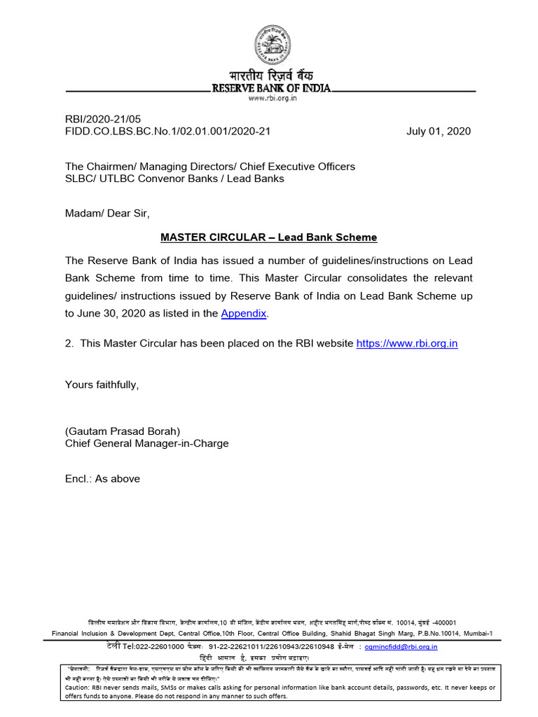MASTER CIRCULAR - Lead Bank Scheme: Appendix | PDF | Reserve Bank Of ...