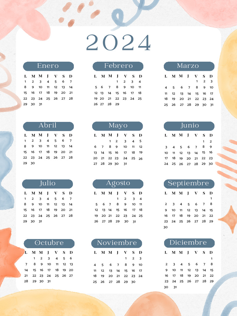 Calendario A4 Año 2024 Imprimible Ilustrado Azul PDF | PDF
