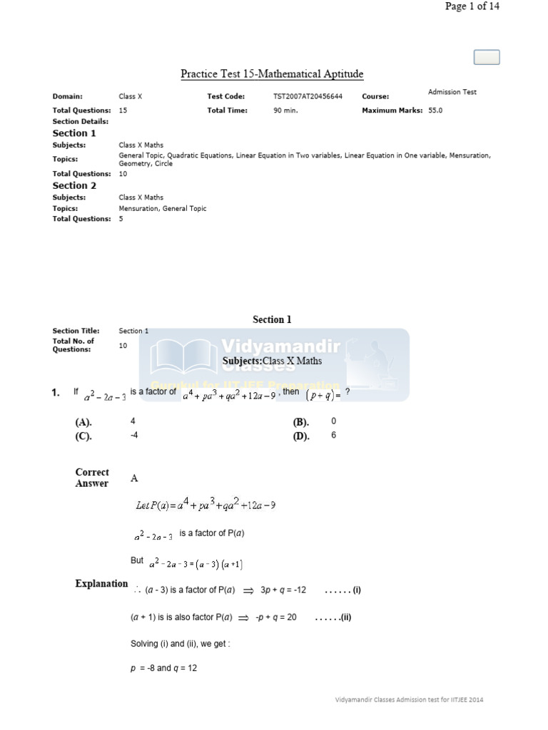 Practice Test 15-Mathematical Aptitude | PDF | Circle | Elementary ...