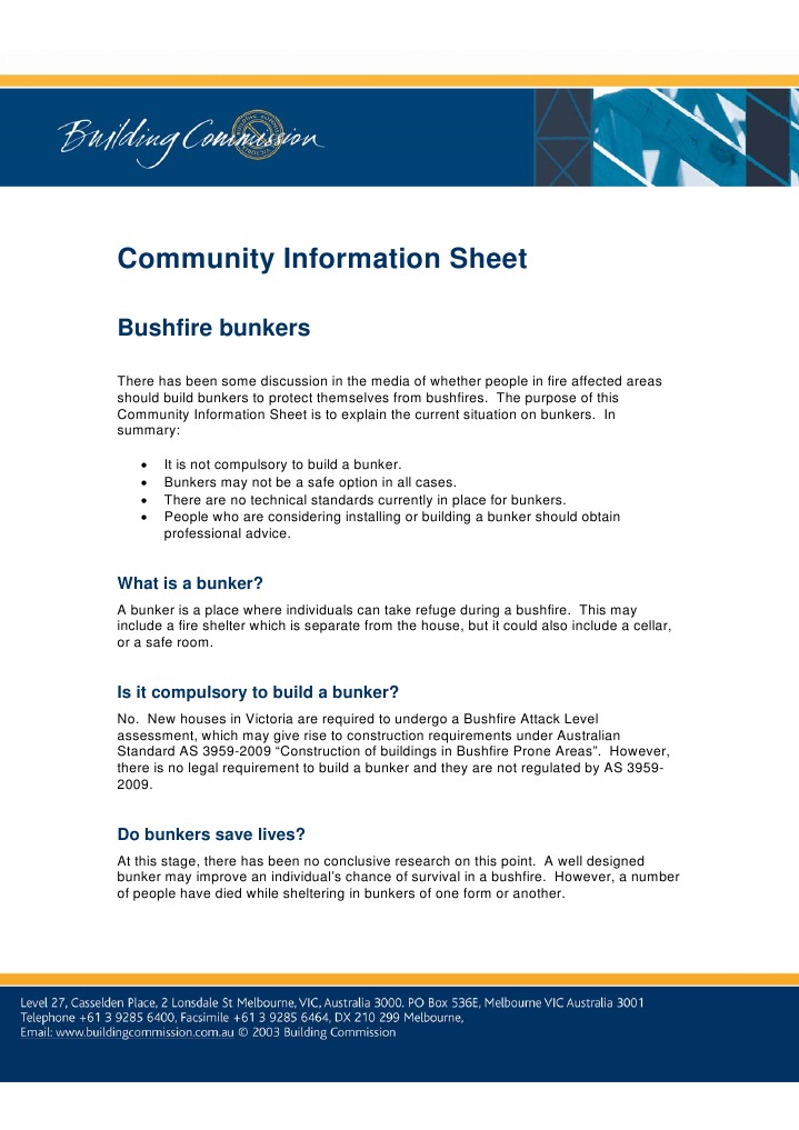 Community Information Sheet: Bushfire Bunkers | PDF