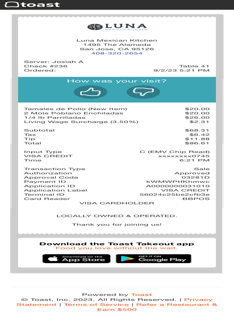 Your Receipt for LUNA Mexican Kitchen | PDF