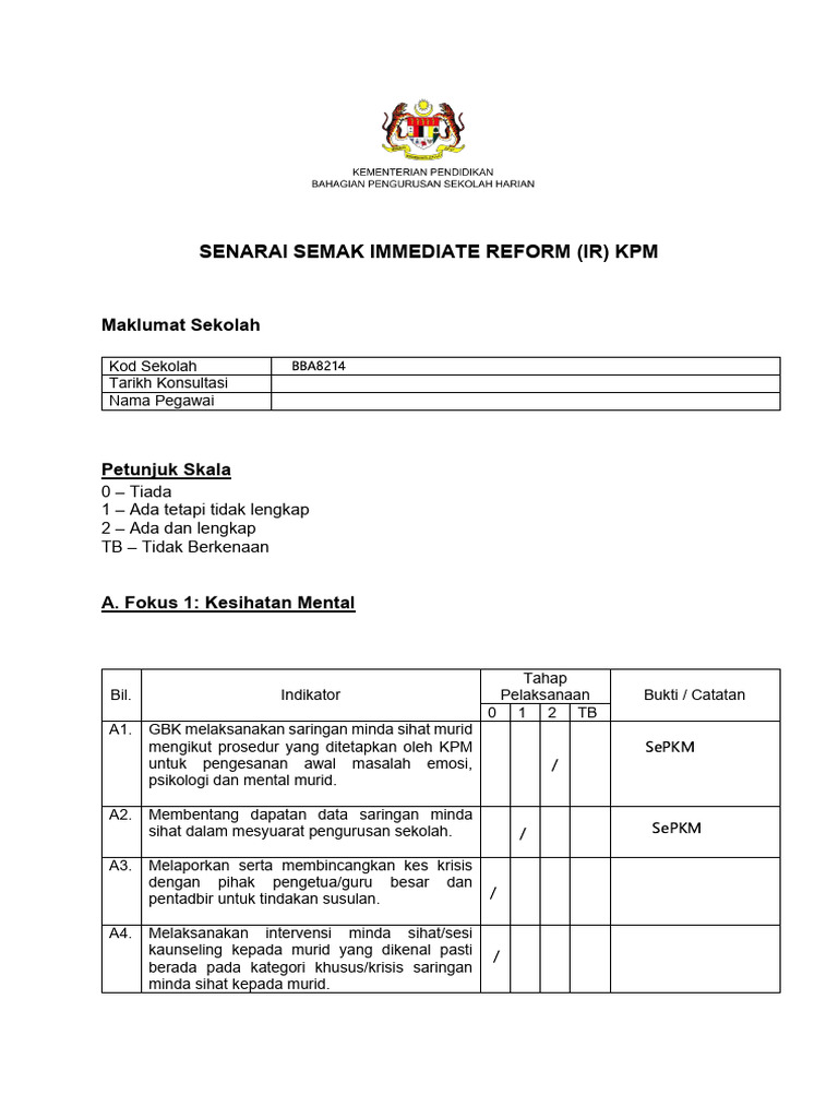 Ir Sekolah Senarai Semak Immediate Reform | PDF
