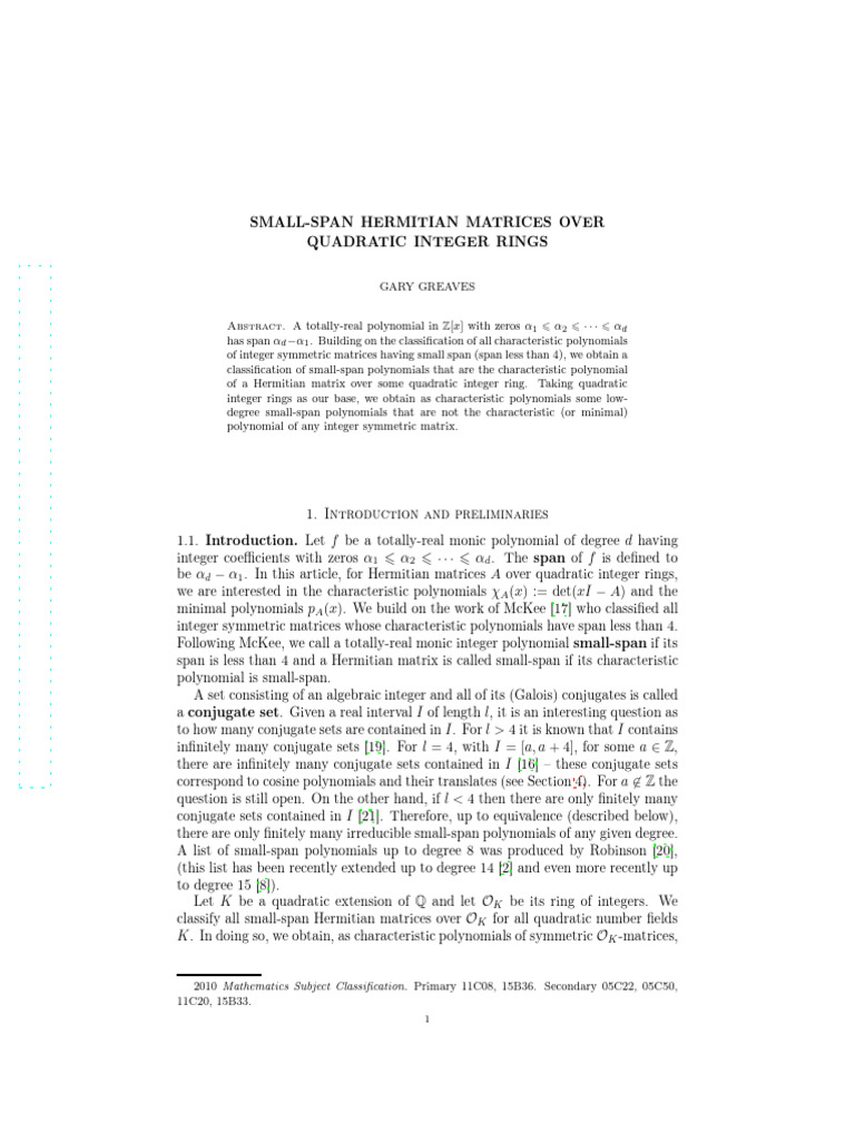 Greaves. Small-span Hermitian Matrices Over Quadratic Integer Rings ...