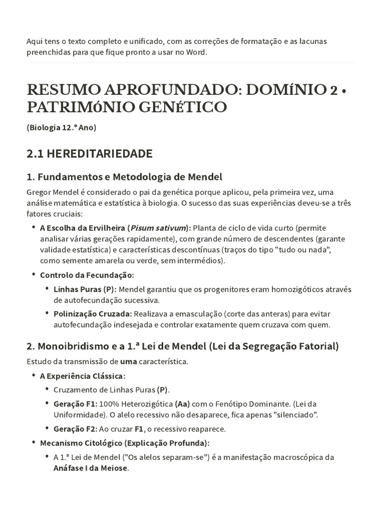 Resumo Aprofundado Domínio 2 - Património Genético | PDF | Alelo | DNA