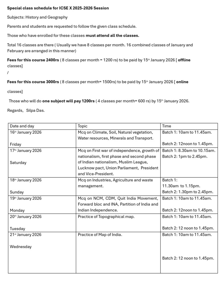 Final Schedule For Special Classes | PDF