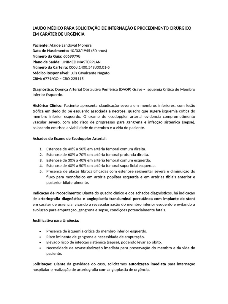 Laudo Médico para Solicitação de Internação e Procedimento Cirúrgico em ...