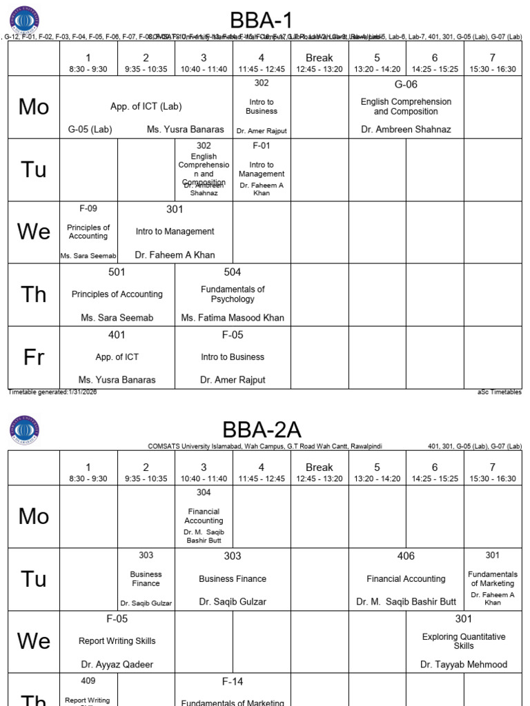 MS Timetable For SP-26 (2!2!26) - Class Wise | PDF