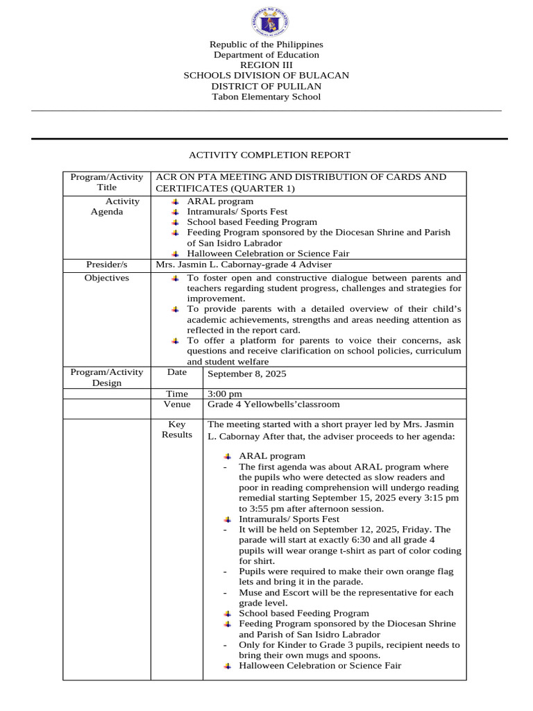 Acr- 2nd Pta Meeting & q1 Distribution of Cards | PDF