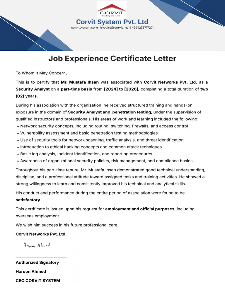 Job Experience Certificate Letter | PDF