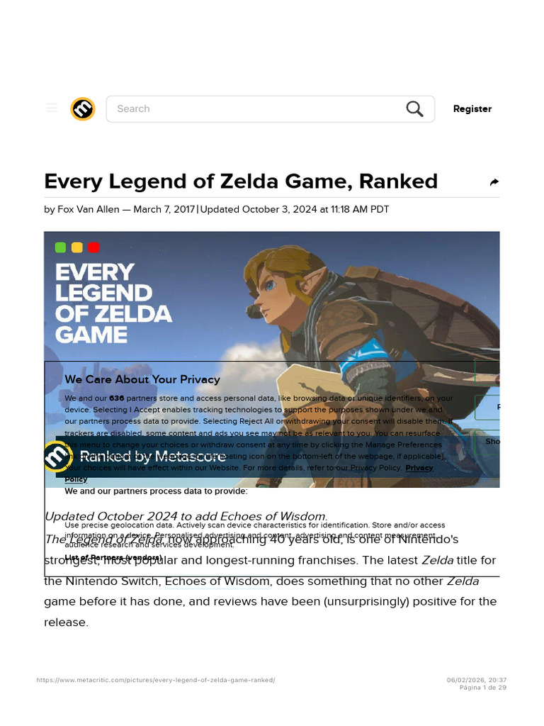 Every Legend of Zelda Game Ranked Worst To Best - Metacritic | PDF