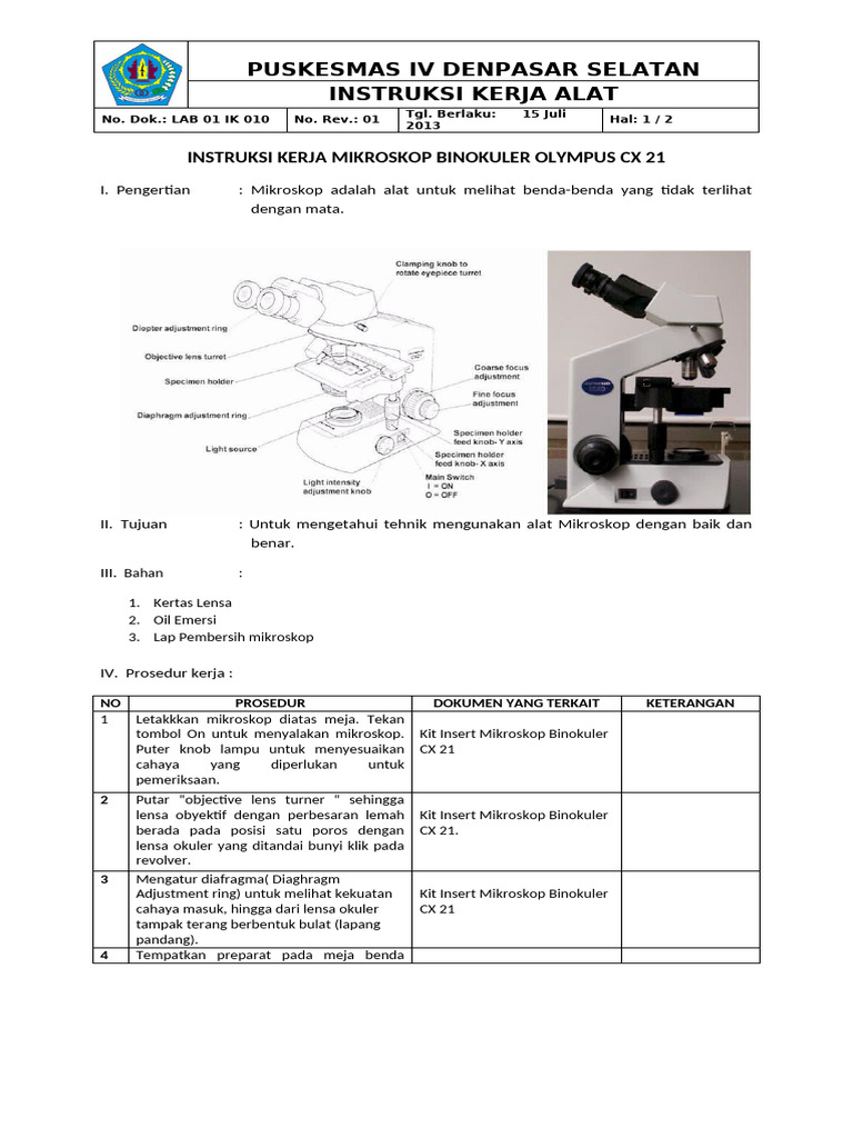 Lab 01 Ik 010 Mikroskop Binokuler Olympus CX 21 | PDF