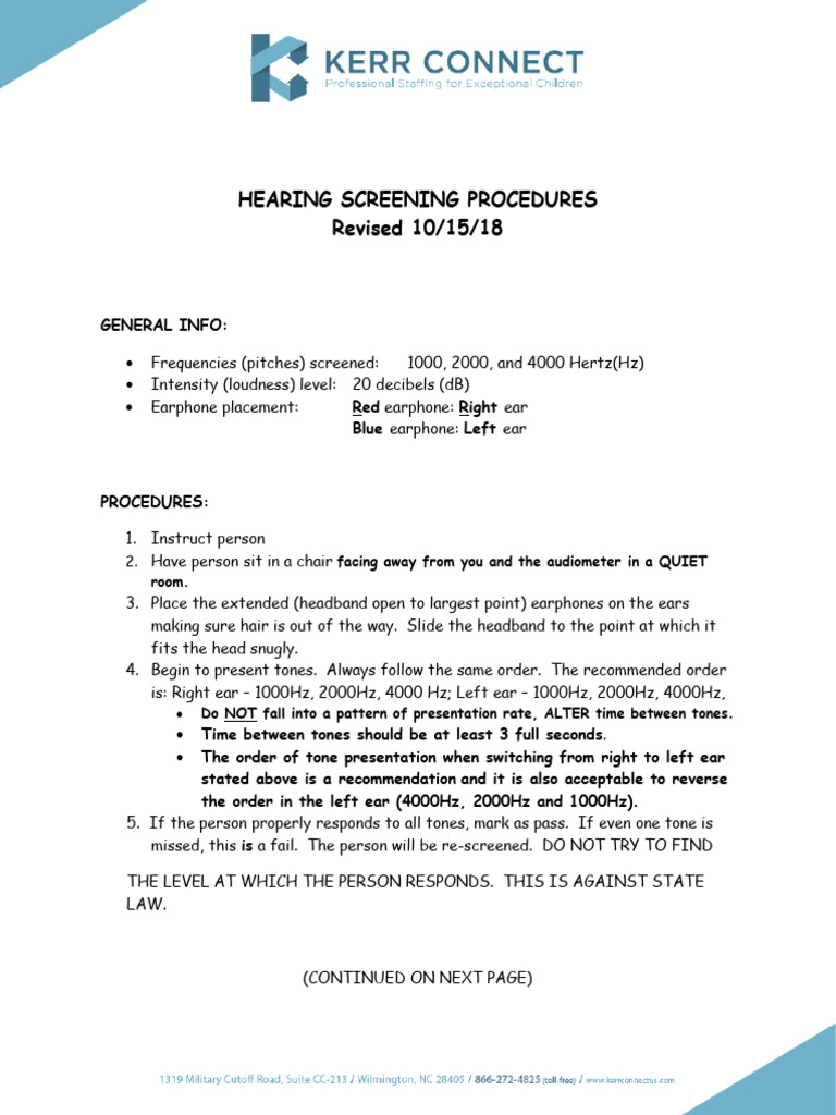 Hearing Screening Protocol | PDF