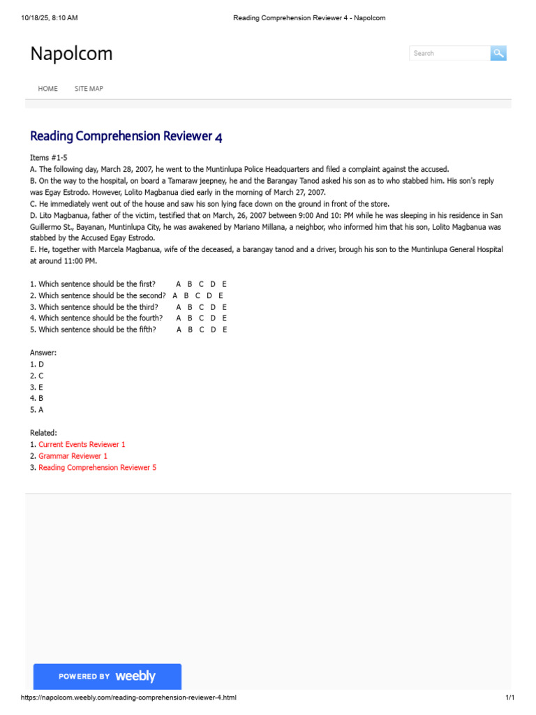 Reading Comprehension Reviewer 4 - Napolcom | PDF