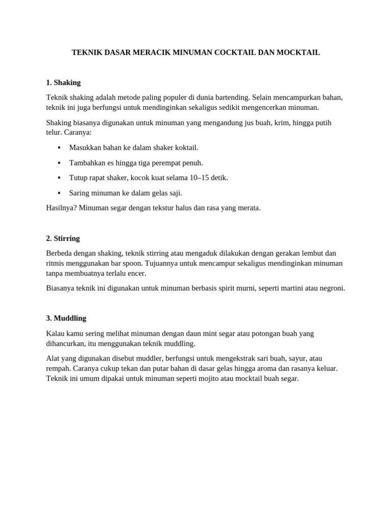 Teknik Dasar Meracik Minuman Cocktail Dan Mocktal | PDF