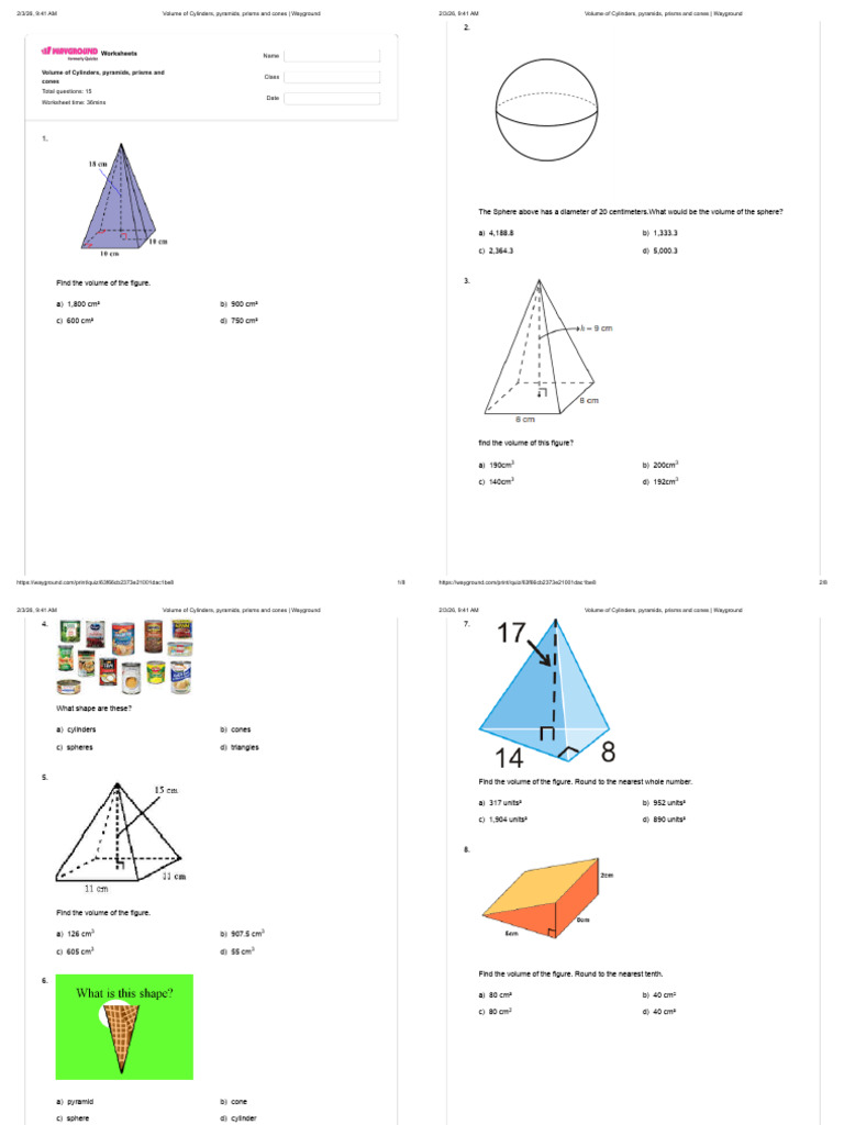 Volume of Cylinders, Pyramids, Prisms and Cones _ Wayground | PDF ...