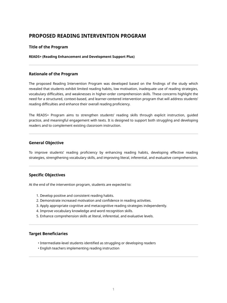 Proposed Reading Intervention Program | PDF | Reading Comprehension ...