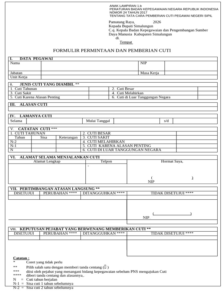Formulir-Cuti-Pns-Sesuai-Perka-Bkn-Nomor-24-Tahun-2017 Nico Tarigan | PDF