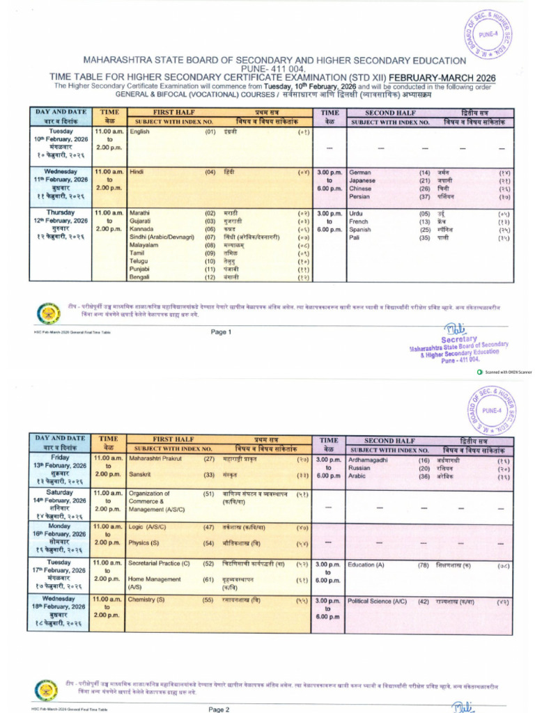 HSC Board Exam Feb 2026 Time Table - 251031 - 193930 | PDF