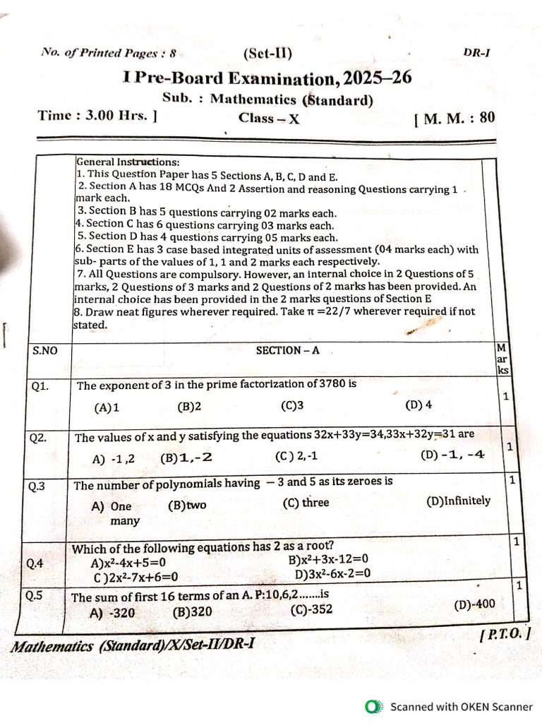 Pre Board 1 Maths Paper | PDF