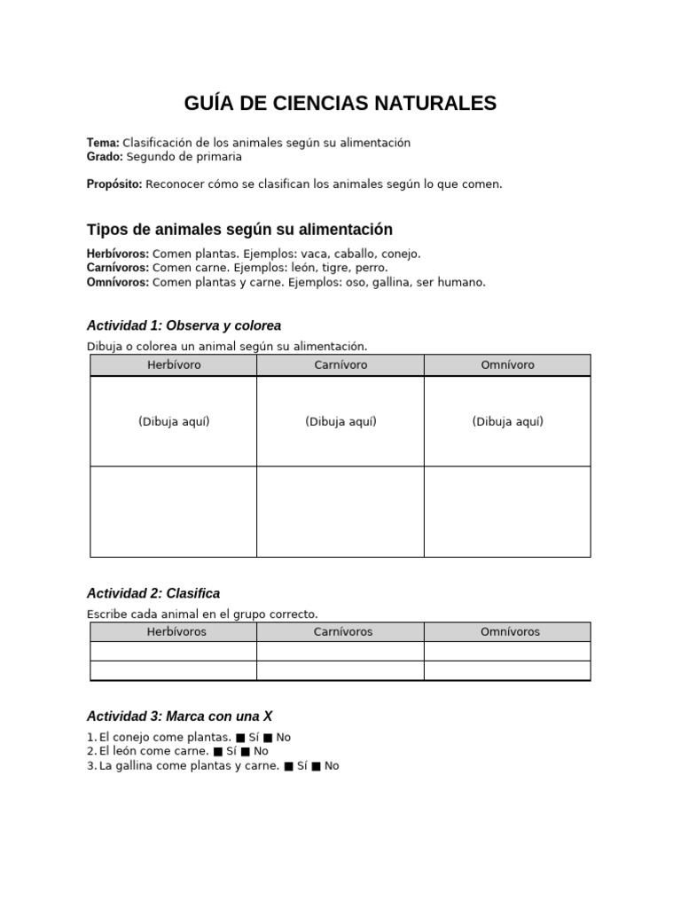 Guia Ciencias Clasificacion Animales 2do Con Dibujos | PDF