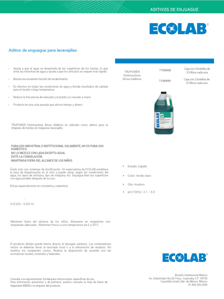 Trupower Dishmachine Rinse Additive HT | PDF | Agua | Lavavajillas