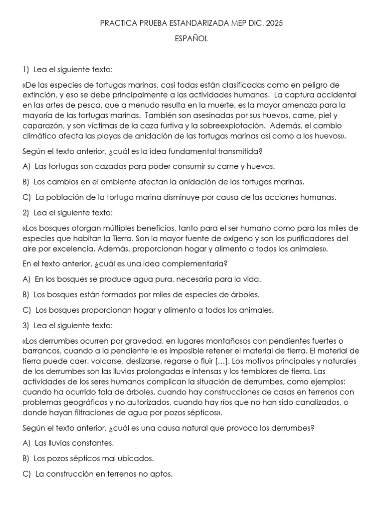 PRACTICA PRUEBAS ESTANDARIZADAS PRIMARIA 2025 Mep Con Respuesta | PDF ...