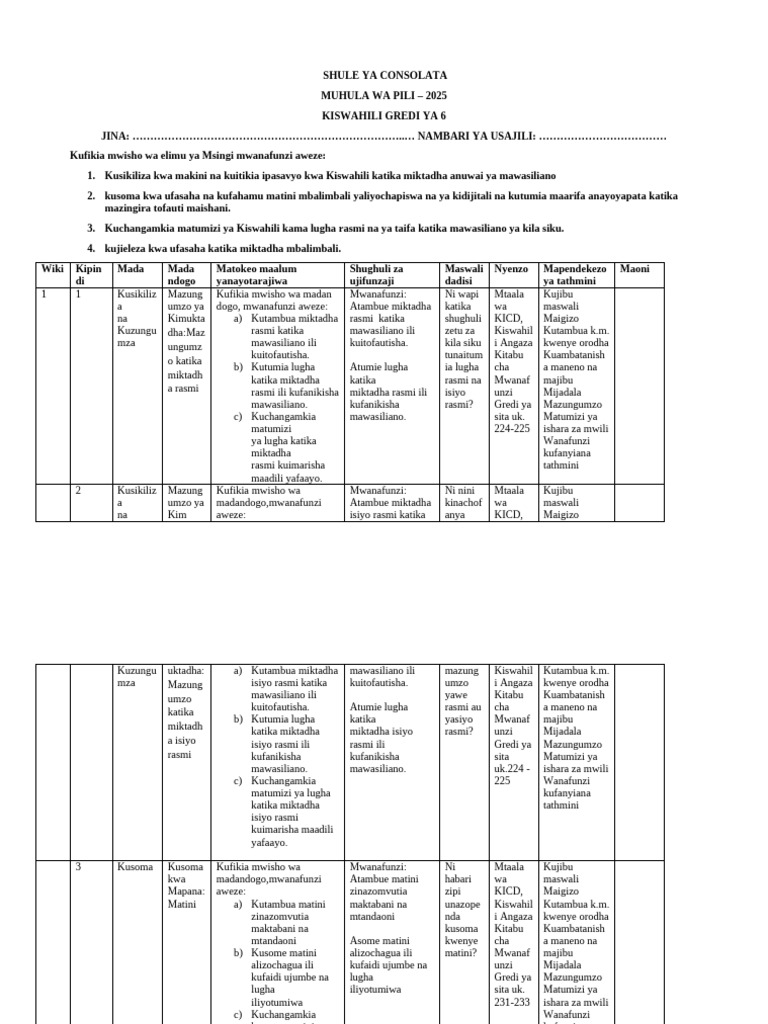 Gredi Ya 6 Kiswahili Muhula Wa Tatu | PDF