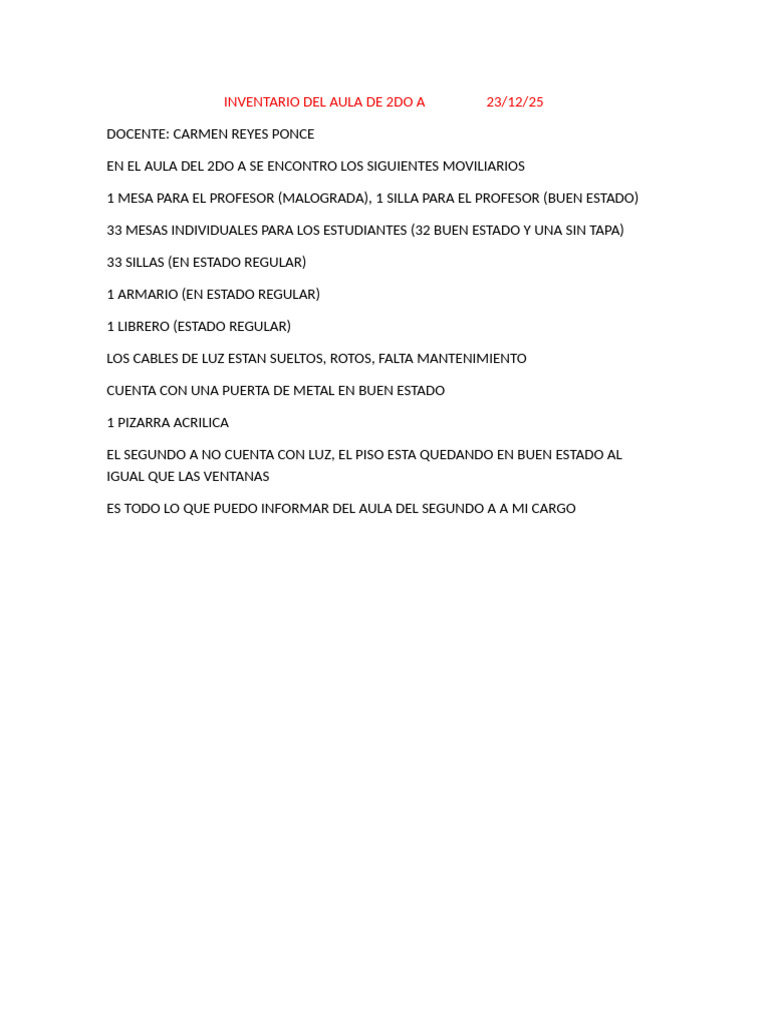 Inventario Del Aula de 2do A | PDF