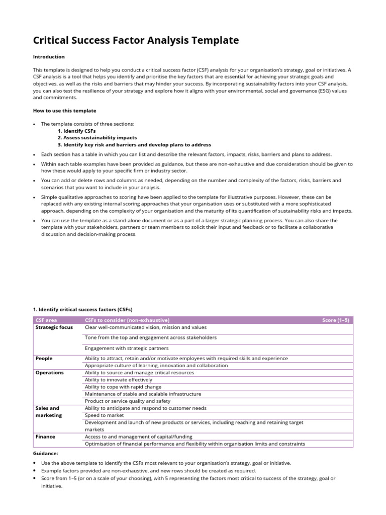 Critical Success Factor Template | PDF | Sustainability | Supply Chain