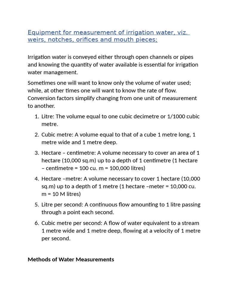 Equipment For Measurement of Irrigation Water | PDF | Volume | Litre