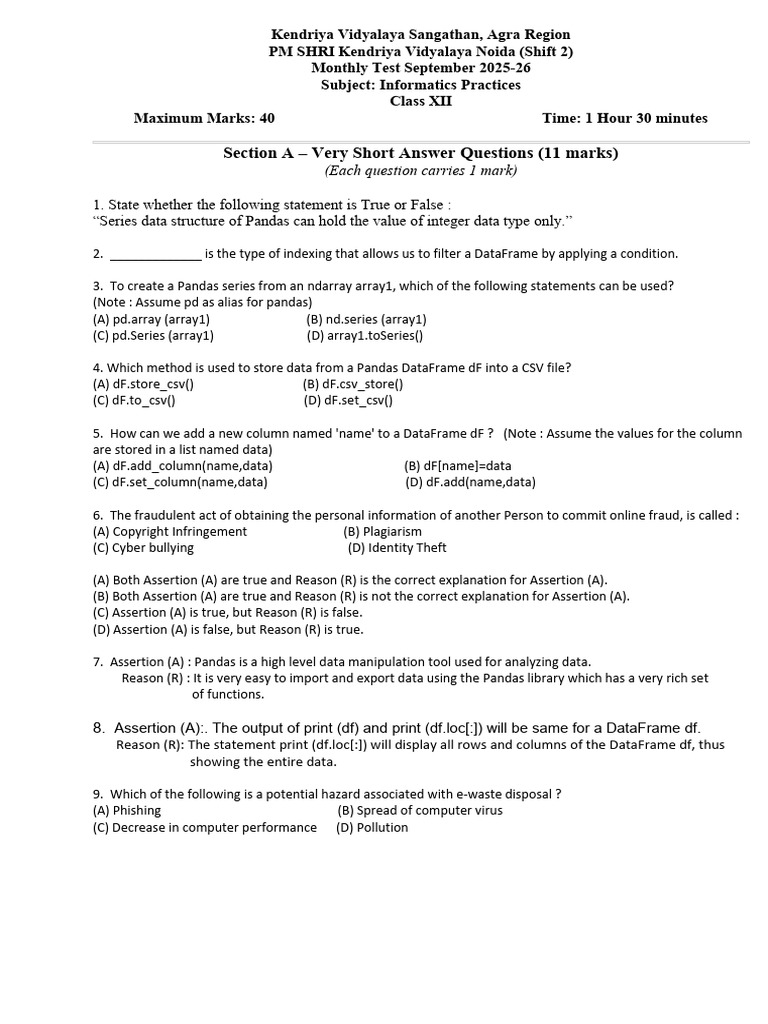 Class Xii Ip Monthly Test September 2025-26 | PDF | Computing