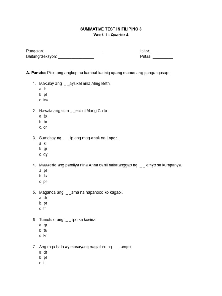 Summative Test in Filipino 3 W-1 | PDF