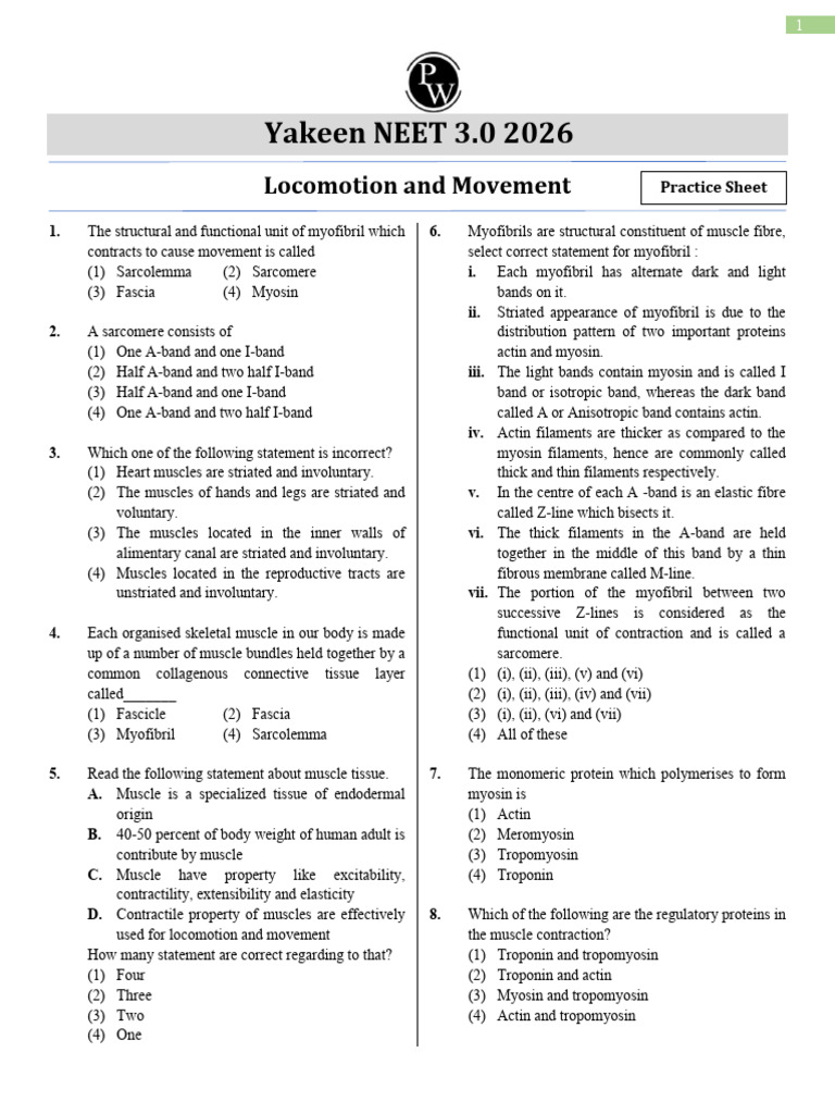 Practice Sheet Locomotion and Movement Zoology YAKEEN NEET 3-0-2026 ...
