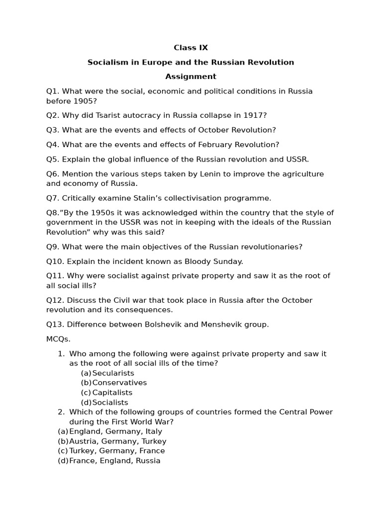 Assignment Class IX Socialism in Europe and The Russian Revolution ...