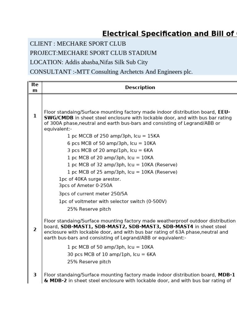 Electrical Specification and Bill of Quantity | PDF | Electrical ...