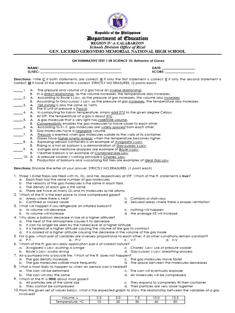 Q4 Science 10 Summative Test 1 2025-2026 | PDF | Gases | Pressure