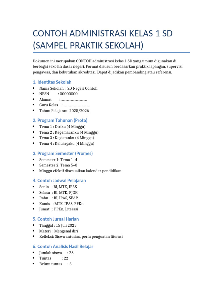 Contoh Administrasi Kelas 1 SD Sekolah Lain | PDF