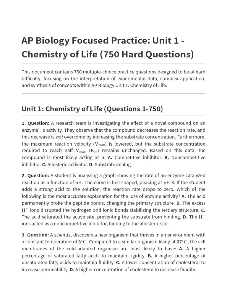 AP Bio Unit1 750 Hard Practice Full | PDF | Enzyme | Dna