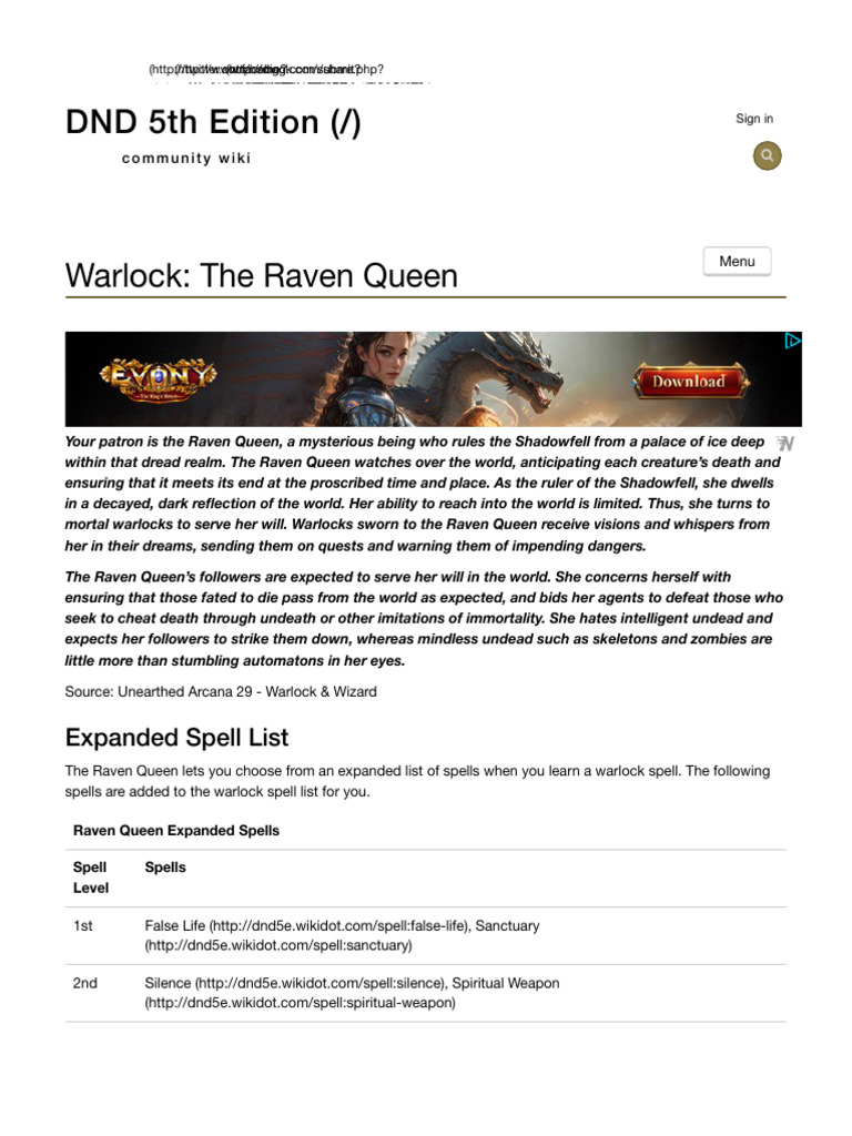 Warlock - The Raven Queen - DND 5th Edition | PDF