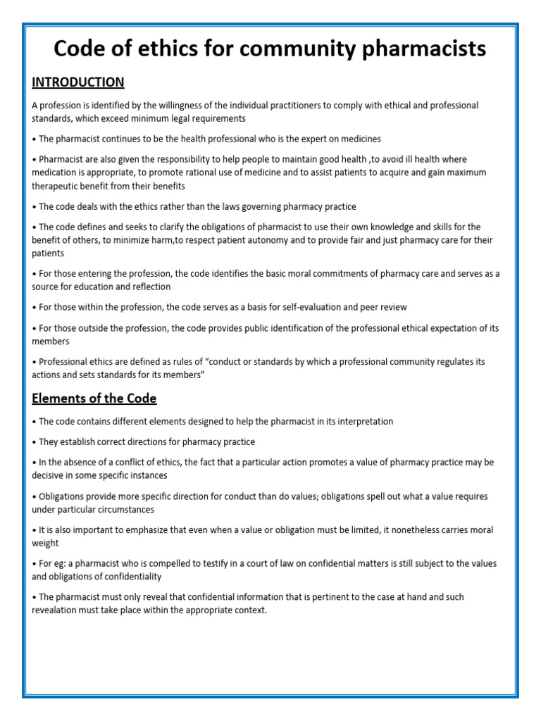 Code of Ethics For Community Pharmacists | PDF | Pharmacy | Pharmacist