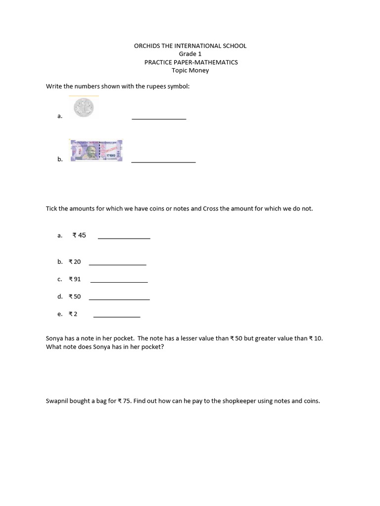 Grade 1 Money Practice Sheet | PDF