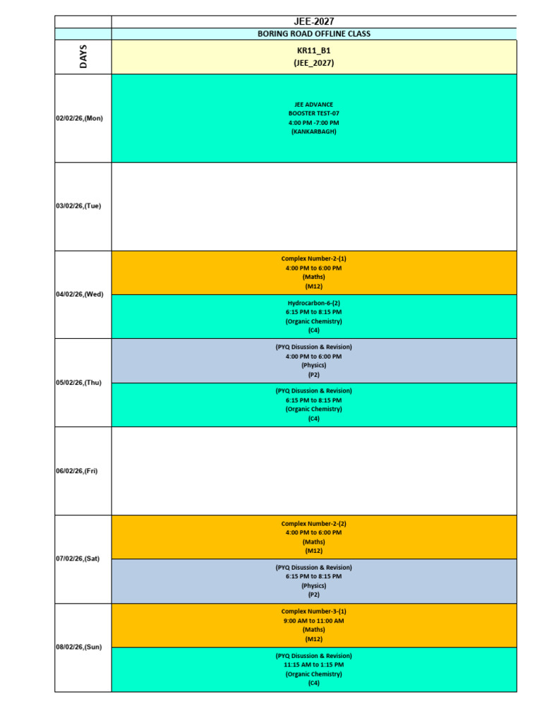 Boring Road Offline Class KR11 - B1 (JEE - 2027) | PDF