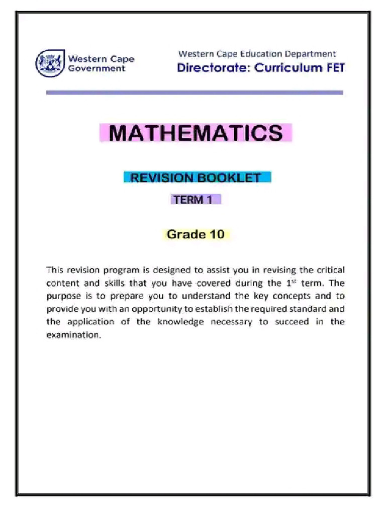 Maths Revision Booklet Term 1 Grade 10 | PDF