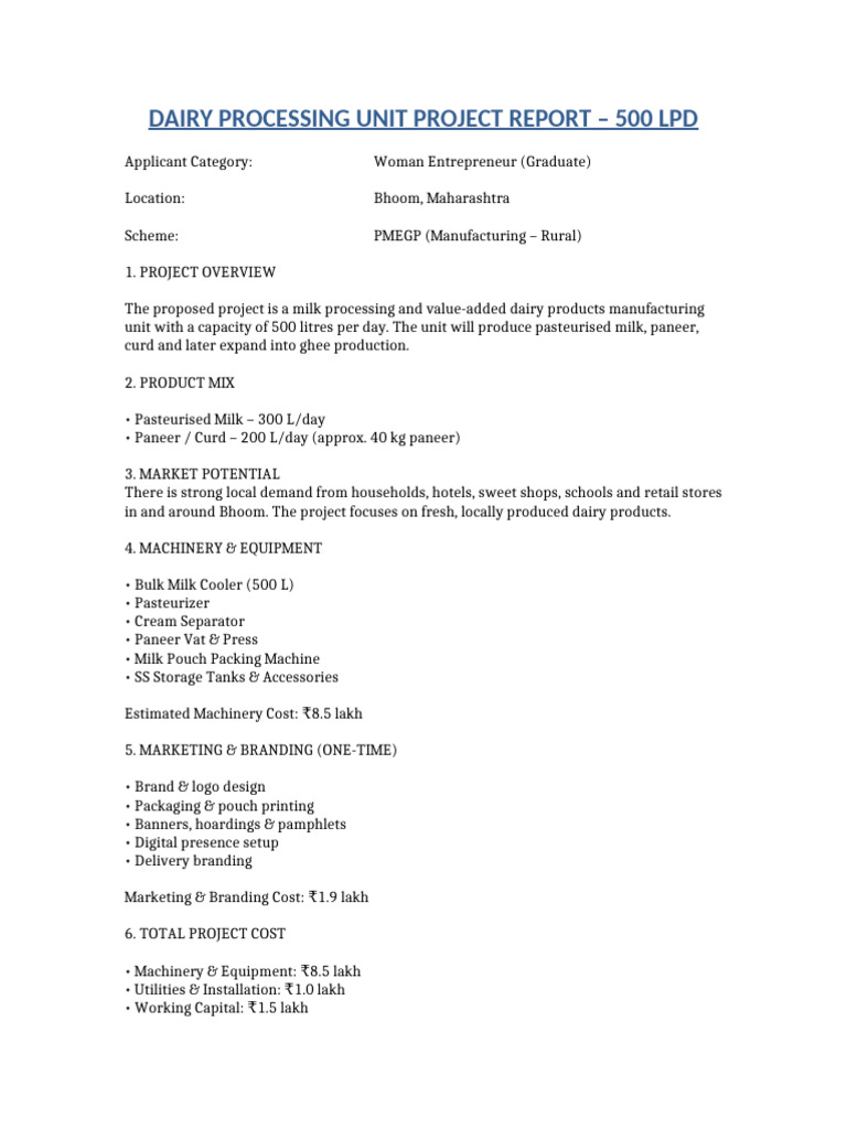 500 LPD Dairy Project Report PMEGP | PDF
