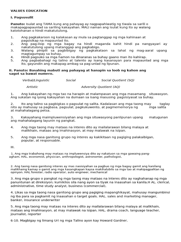 Values Education Quiz | PDF