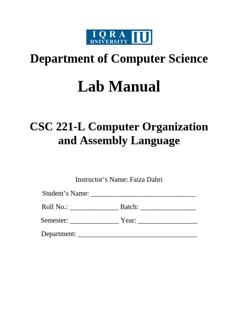 Coal - Lab - Manual Ma'Am Faiza Dahri | PDF | Assembly Language ...