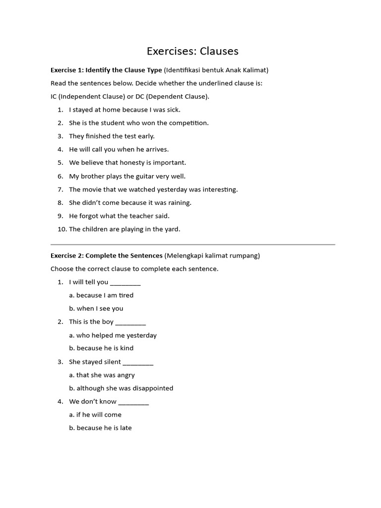 Exercises on English CLAUSES | PDF
